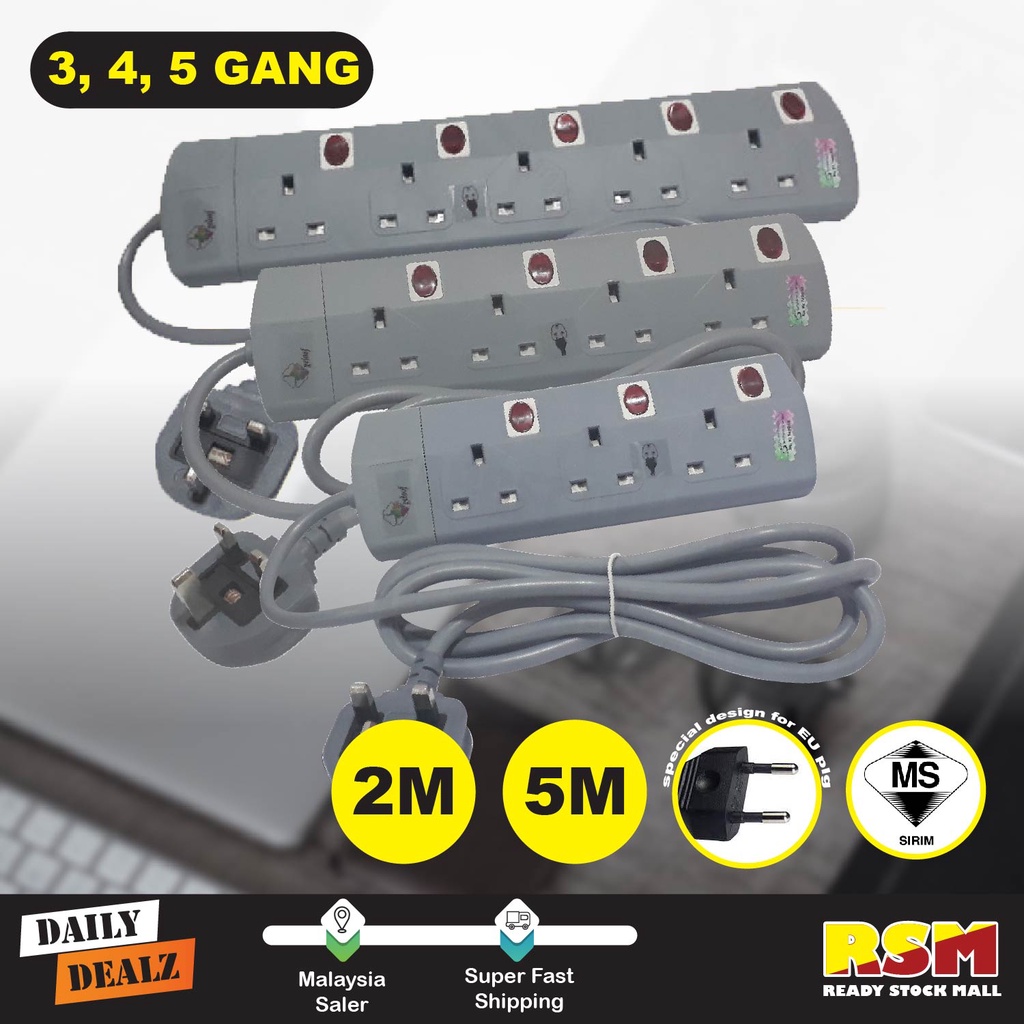 SIRIM APPROVED Geloof Trailing Extension Socket 2M/5M Wire/Penyambung ...