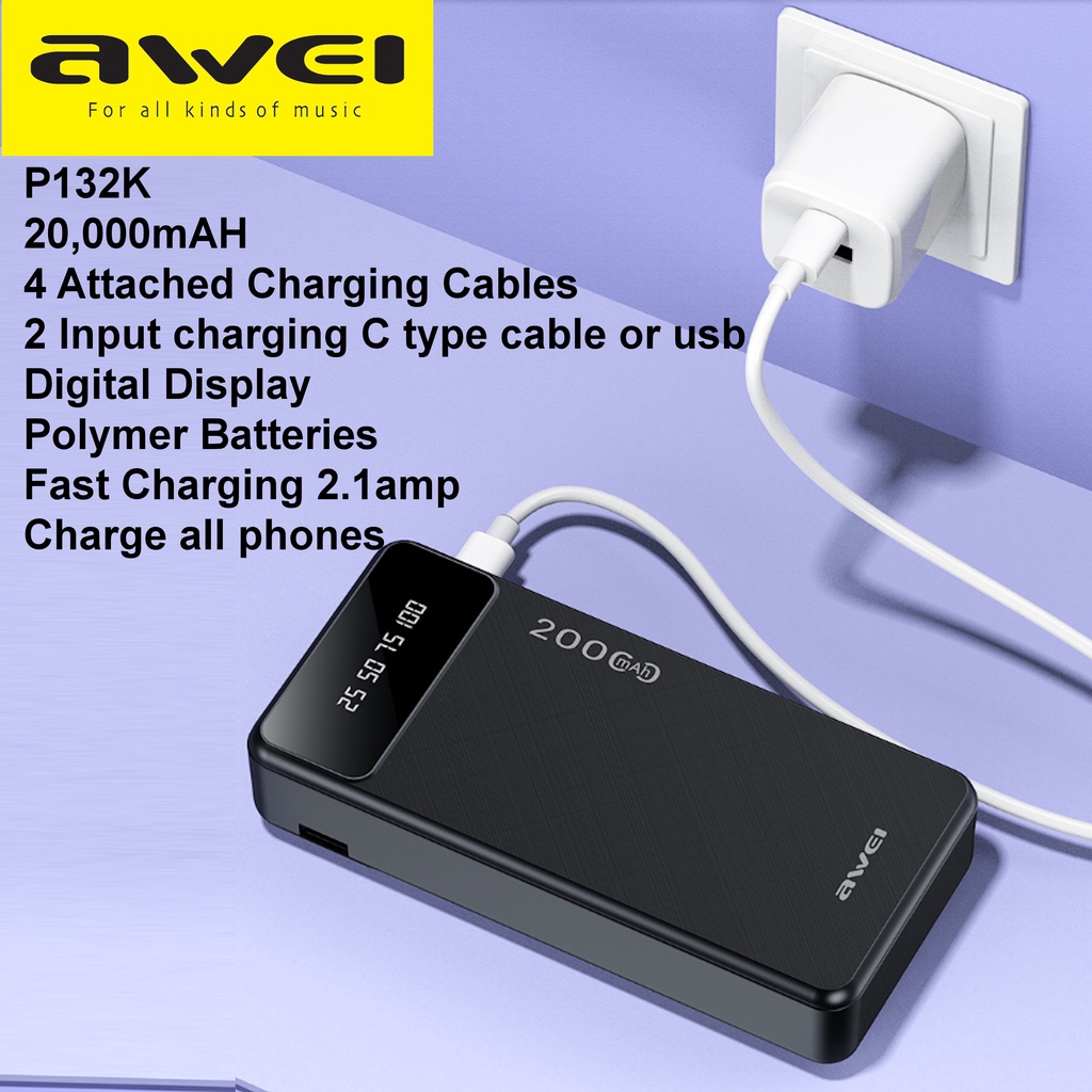 AWEi P132K 20000mAH Portable Charger Powerbank with attached cables ...