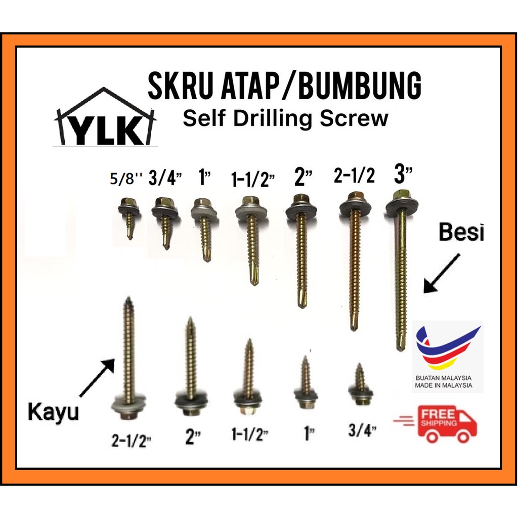 YLK【Pc】Hex Self Drilling Screw Skru Atap SKRU IKAT Bumbung WITH WASHER ...