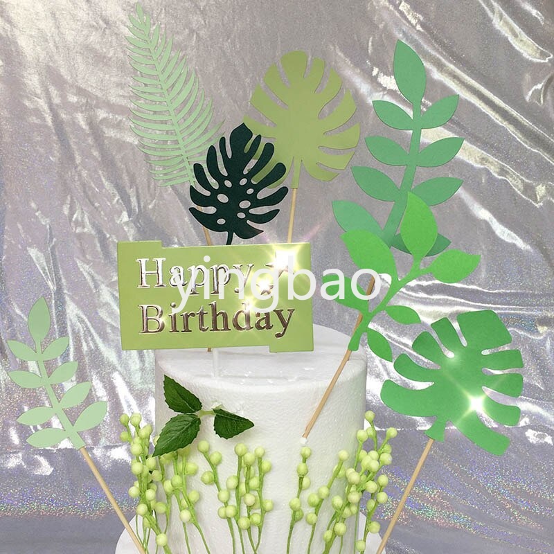 7pcs/set Glittery tropical leaf cake decoration green palm leaf cake ...