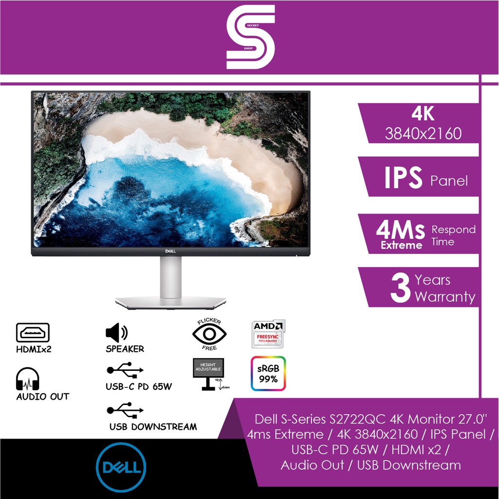 Dell S2722QC 4K Monitor 27.0" - 4ms/4K 3840x2160/IPS Panel/USB-C/HDMI ...