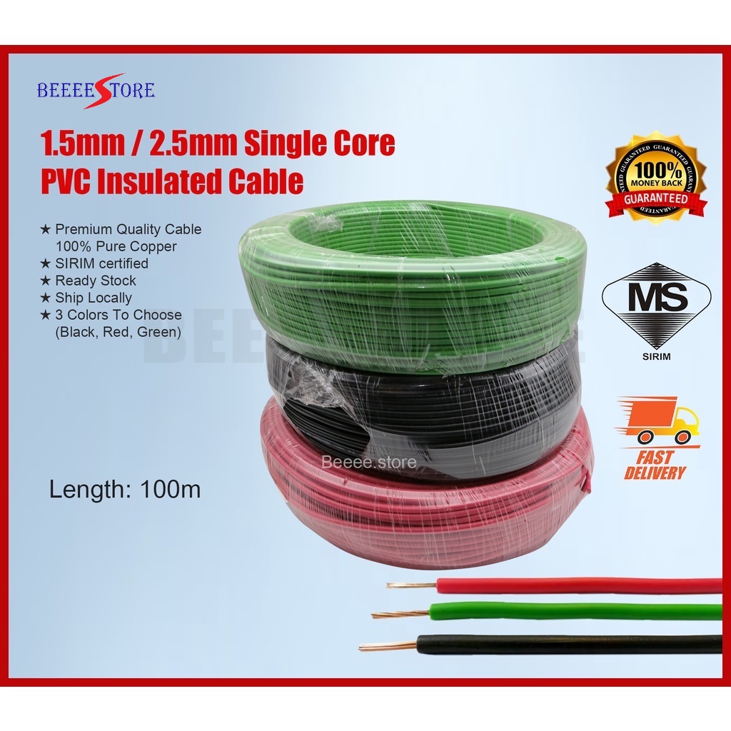 1 Roll 1.5/2.5mm Single Core PVC Insulated Cable with Red / Black / Green PVC 100% Pure Copper ...