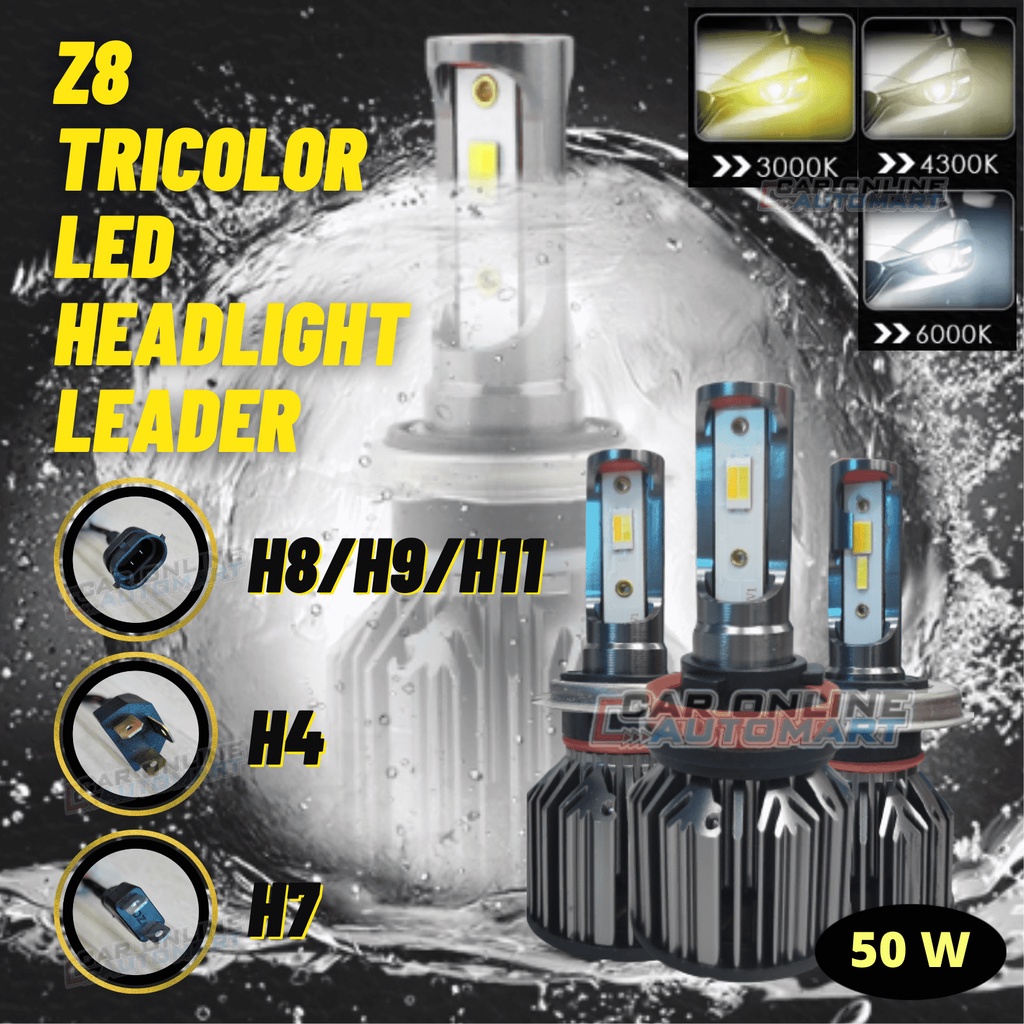 2PCS in 1 Z8 Three Color LED Car Headlight Leader H1 H3 H4 H7 H8/H9/H11 ...