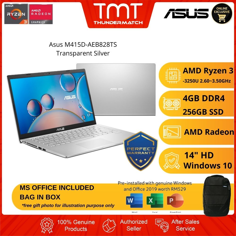 Asus M415D-AEB828TS Transparent Silver Laptop | AMD Ryzen 3-3250U | 4GB ...