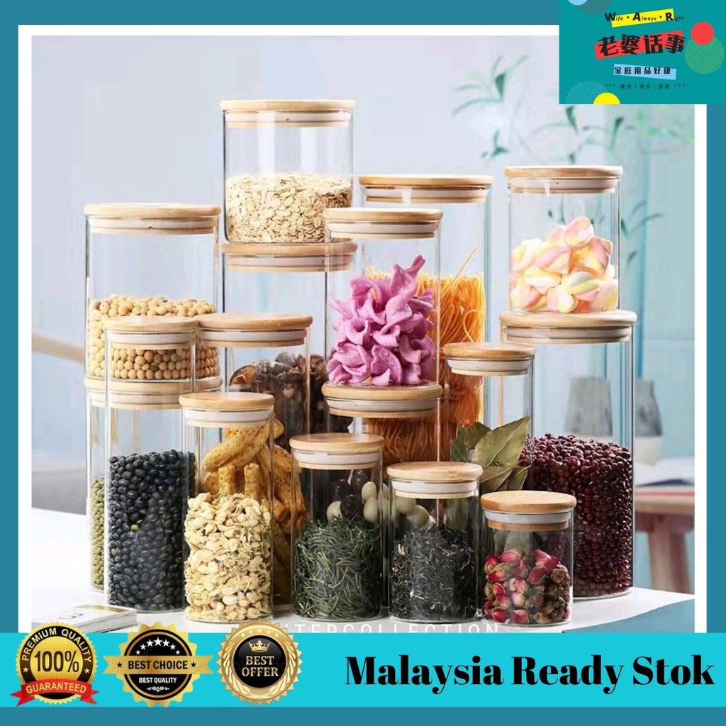 Multi-purpose glass kaca food storage jar with bamboo sealin/ Seasoning ...