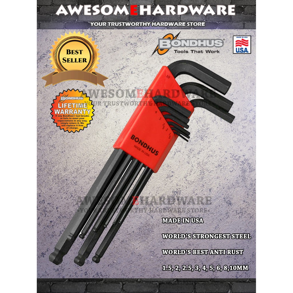 (MADE IN USA) BONDHUS USA BLX9M 10999 LONG BALL POINT HEX KEY ALLEN KEY ...