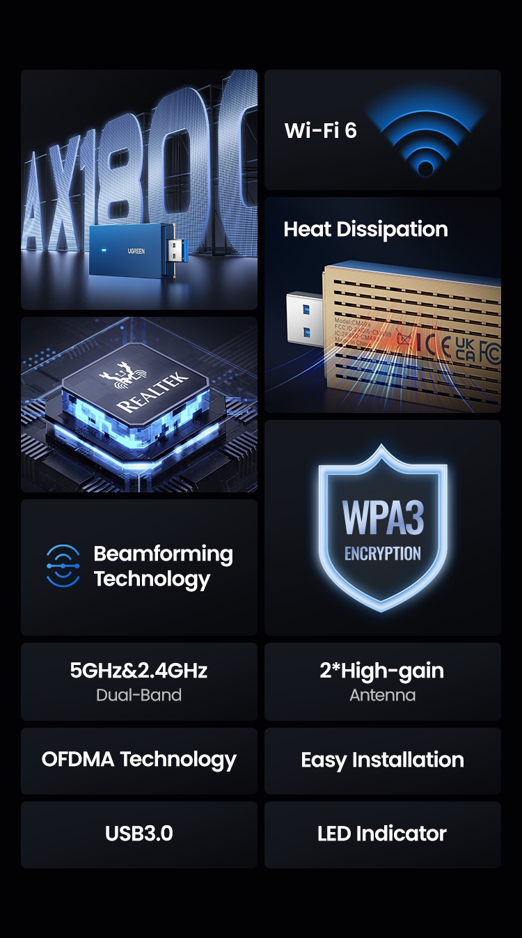 UGREEN AX1800 WiFi Adapter WiFi6 USB3.0 5G&2.4G Dual-band USB WiFi for PC Laptop Wifi Antenna ...