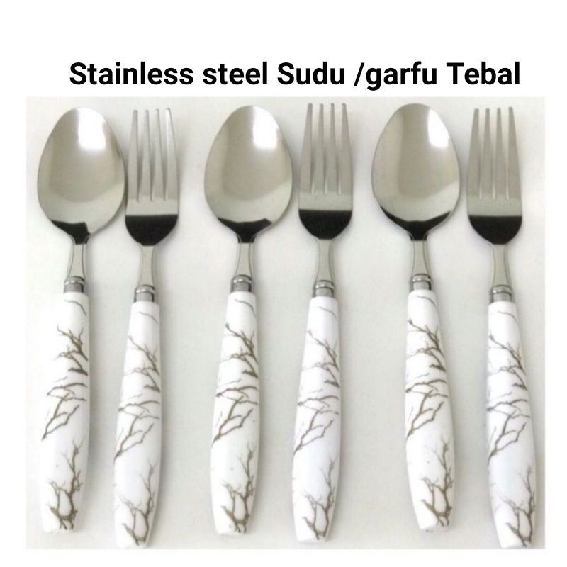 (READY STOCK) 1pcs White Marble Spoon Fork Stainless Steel Sudu Makan ...