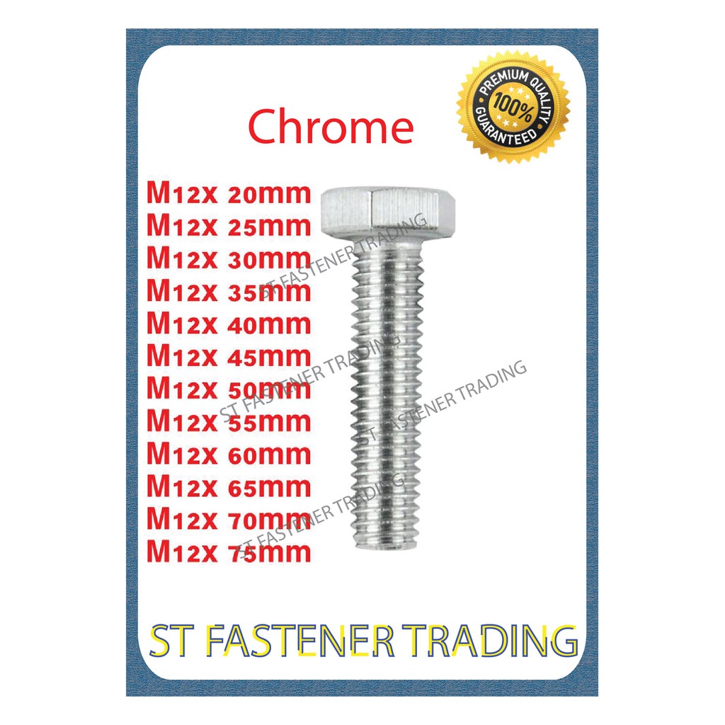 Hex Bolt ( M12 x 20MM - M12 x 75MM ) 1Packing = 20Pcs (Chrome) | Shopee ...