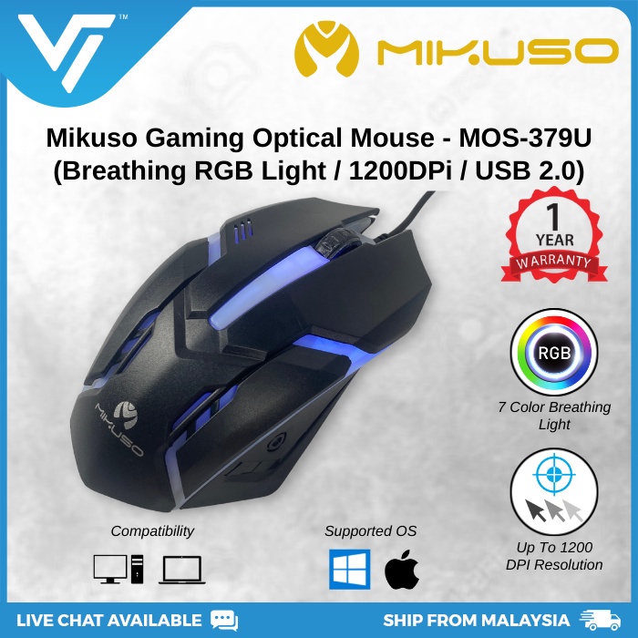 Mikuso Gaming Optical Mouse MOS-379U (1200DPi, RGB 7 Color Breathing Light with 1.5M Wired USB 2 ...