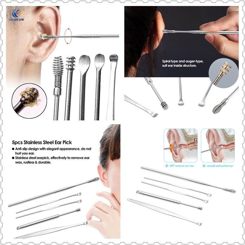 5Pcs/pack Stainless Wax Curette Remover Earpick Cleaner Health Care ...