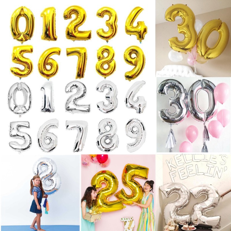 32 inch Gold Silver 0-9 Numbers Balloons Large Helium Foil Number ...
