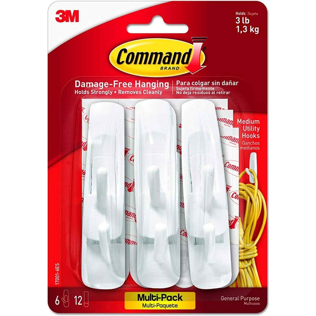 (Value Pack) 3M Command Medium Utility Hook (6 Hooks, 12 Strips) 1.3kg (17001VP) | Shopee Malaysia