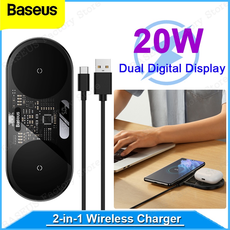Baseus 20W Wireless Charger 2-in-1 Dual Digital LED Display Auto Power ...