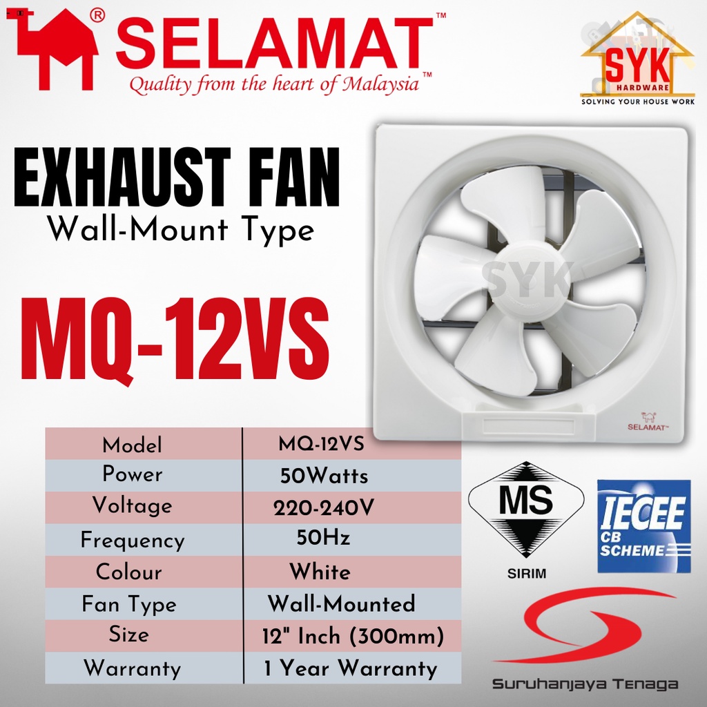SYK SELAMAT 12" (300mm) Wall-Mounted Exhaust Fan Ventilation Fan Kipas ...