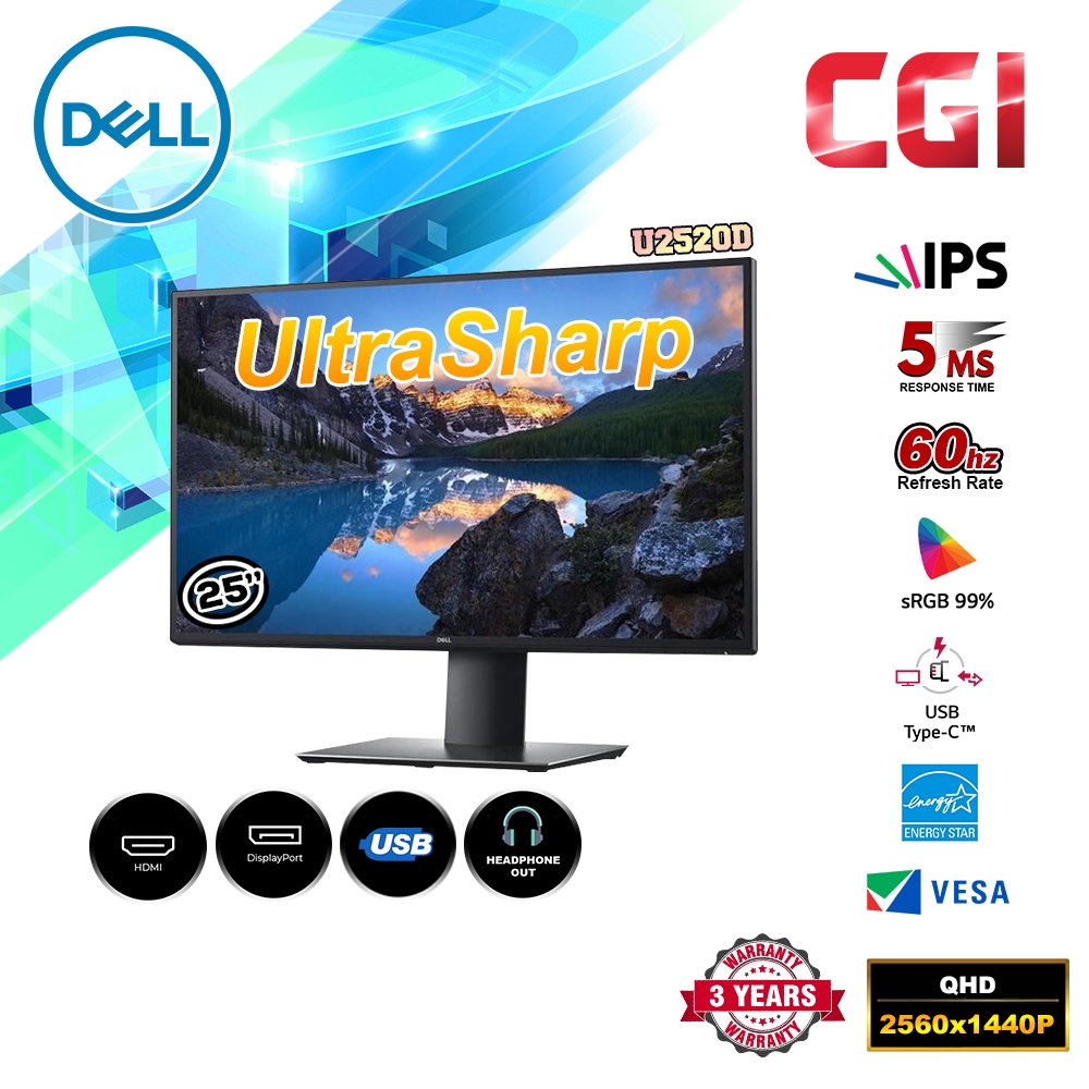 Dell 25" U2520D QHD IPS 5ms 60Hz Tilt Swivel Pivot USB-C UltraSharp ...