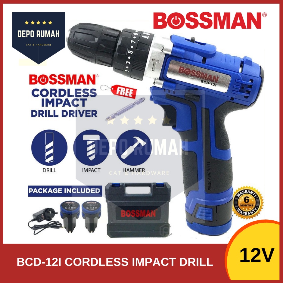 Bossman BCD12-i Cordless Impact Hammer Drill Set Li-Ion Battery 12V ...