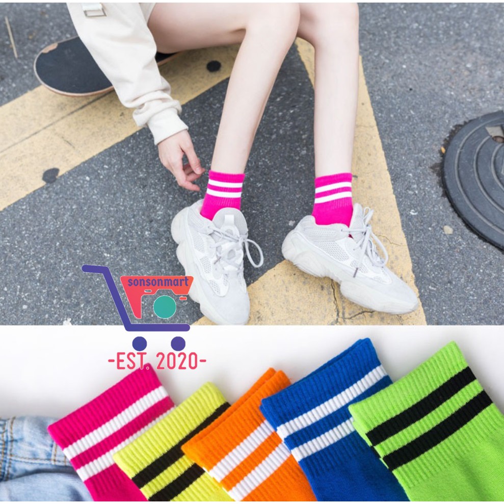 KOREA/JAPANESE/ Fluorescent Color Unisex 2 Bar Socks 荧光袜 | Shopee Malaysia