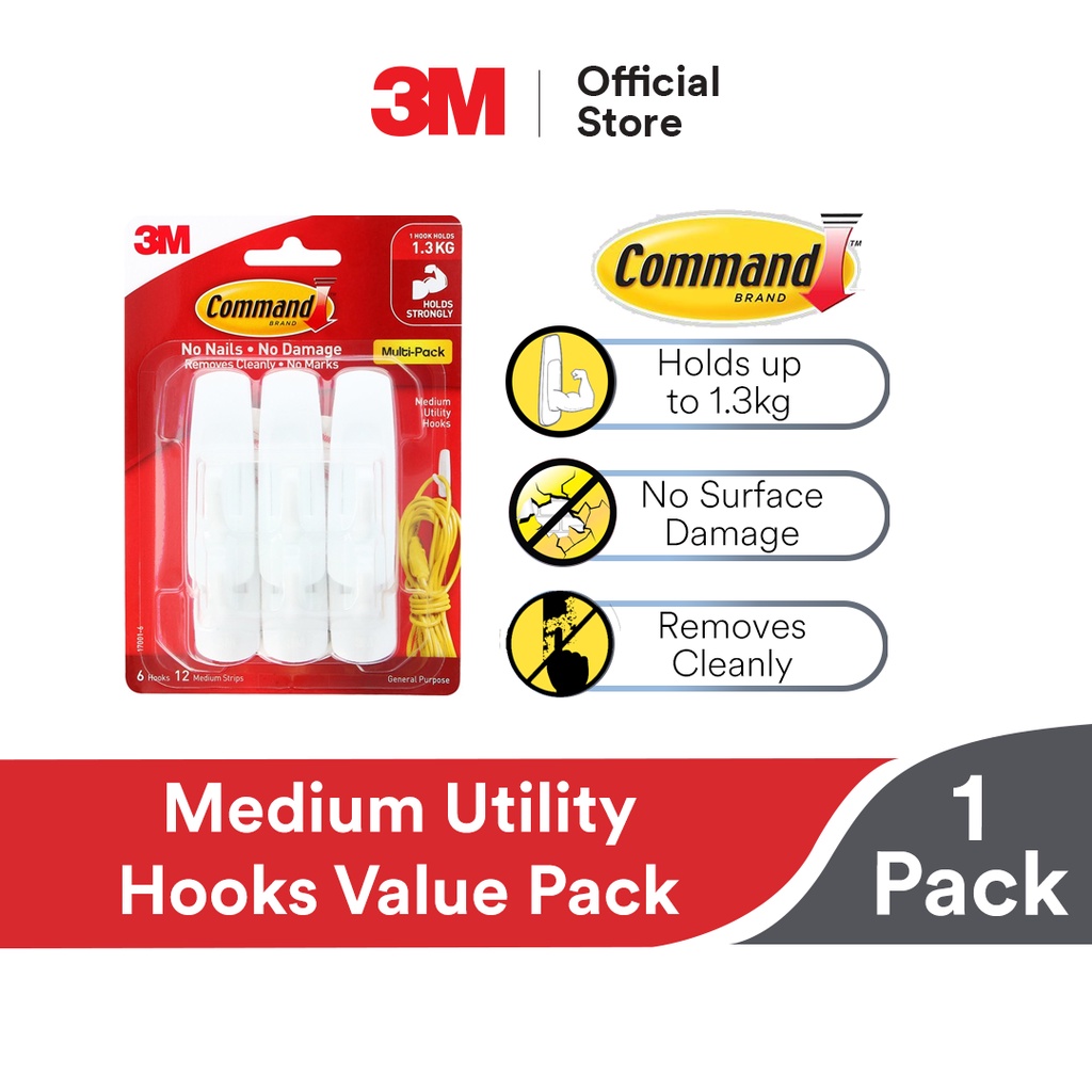 3M Command Wall Mounted Medium Utility Hooks - Damage Free Removable w ... 3M Command Wall Mounted Medium Utility Hooks - Damage Free Removable w ...