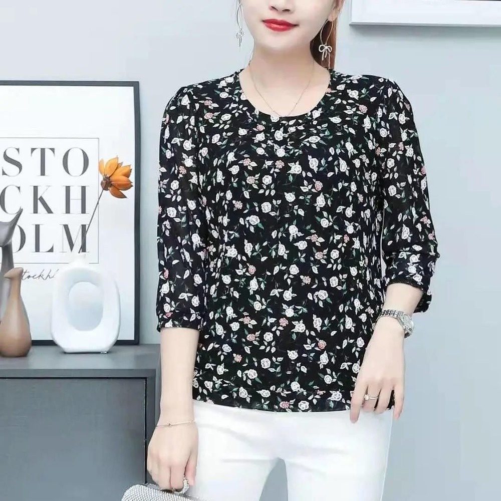Floral Printed Plus Size Blouse Women Casual Round Neck Long Sleeve T ...