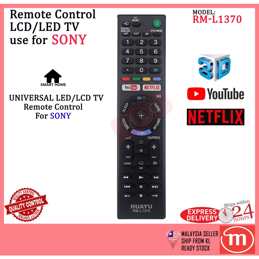 SONY LED UHD SMART TV REMOTE CONTROL 3D YOUTUBE NETFLIX REPLACEMENT HUAYU (RM-L1370) | Shopee ...