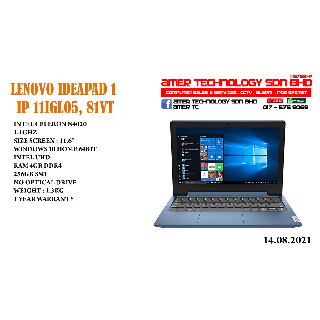 LAPTOP LENOVO IDEAPAD 1 IP 11IGL05, 81VT || INTEL CELERON N4020 / 1 ...