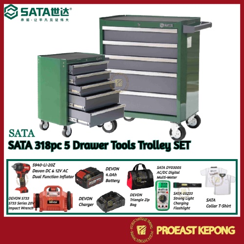 SATA - 95121P-22 - 318pc 5 Drawer Tools Trolley Set + DEVON Tools ...