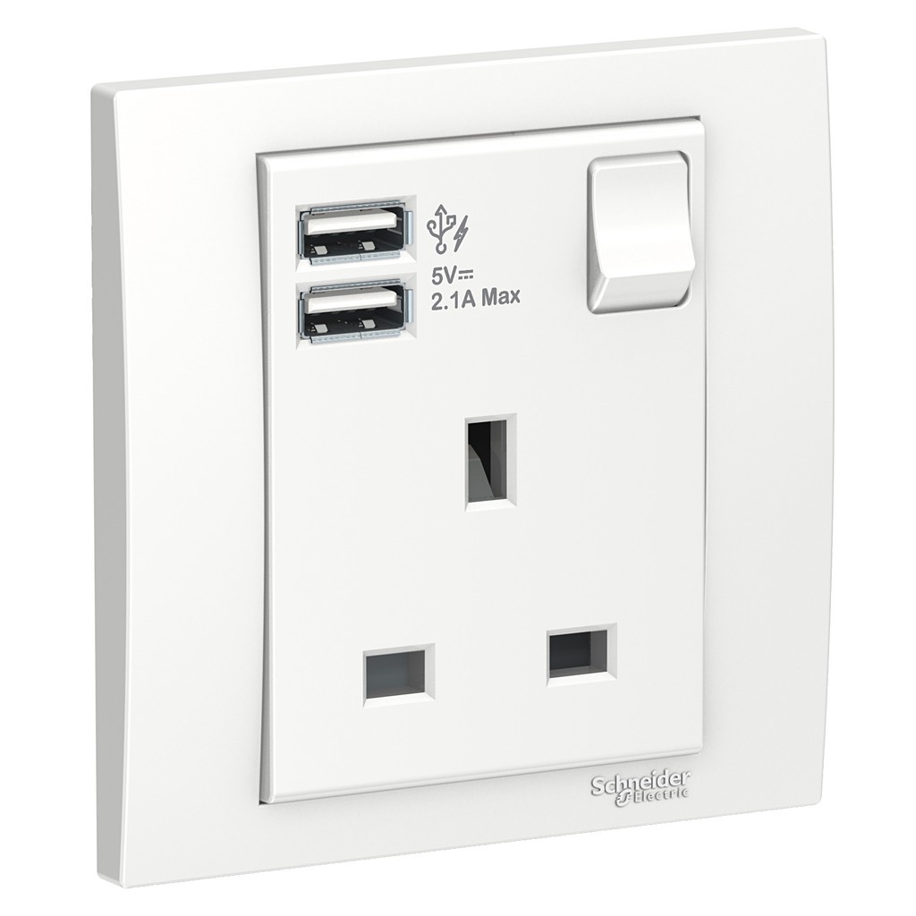 Schneider Vivace 13A USB 1 Gang Switched Socket with 2.1A USB White ...