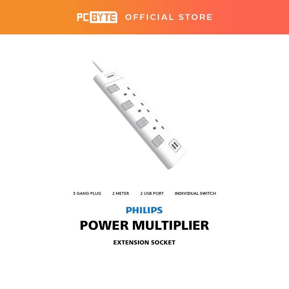 Philips 3/4 Gang Plug Individual Switch 2/3 Meter White Power Multiplier Extension Socket With 2 ...