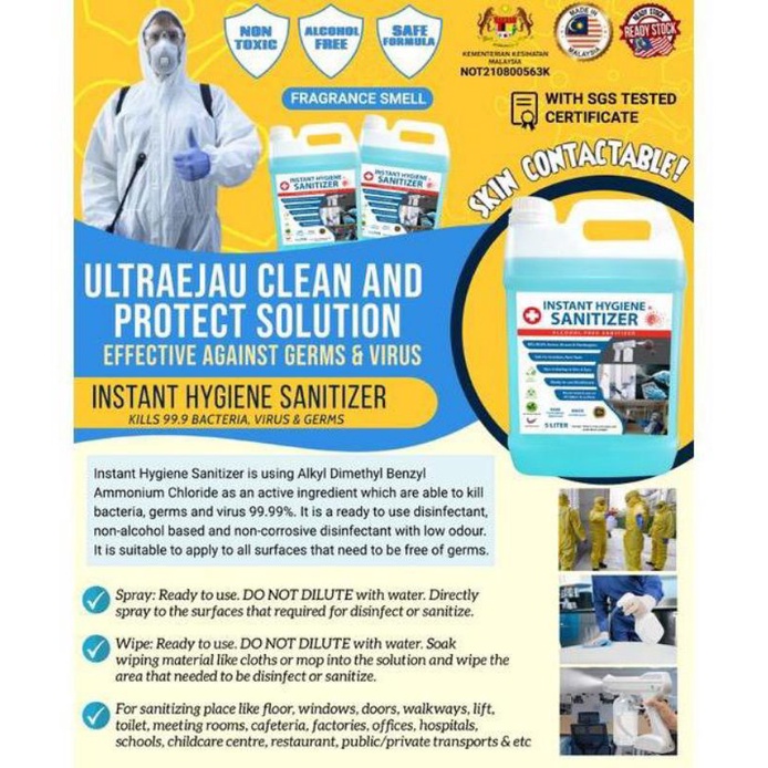 5 Liter Instant Hygiene Hand Sanitizer Liquid Disinfectant Chemical ...