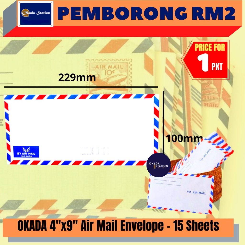 (RM2.20) OKADA 4" x 9" Air Mail Envelope - 15's (229mm x 100mm ...