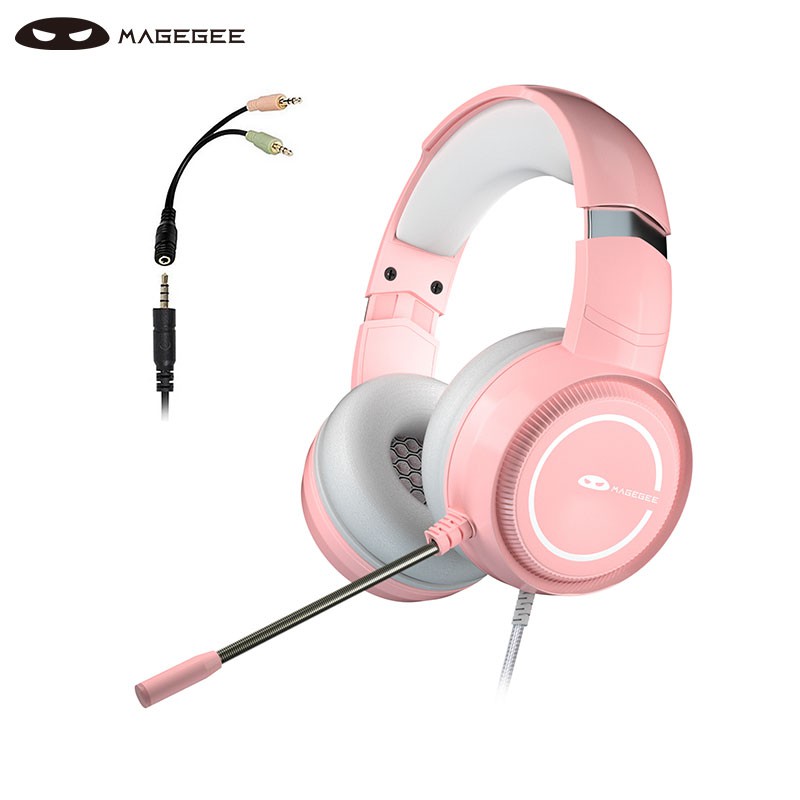 MageGee Gaming Headset fo PC Over-Ear Wired Pink Gaming Headset with ...