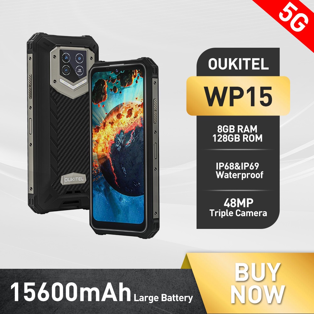Oukitel WP15 Rugged 5G Smartphone 15600mAh Android 11 Mobile Phone 6.5" HD+ Octa Core Cellphone ...