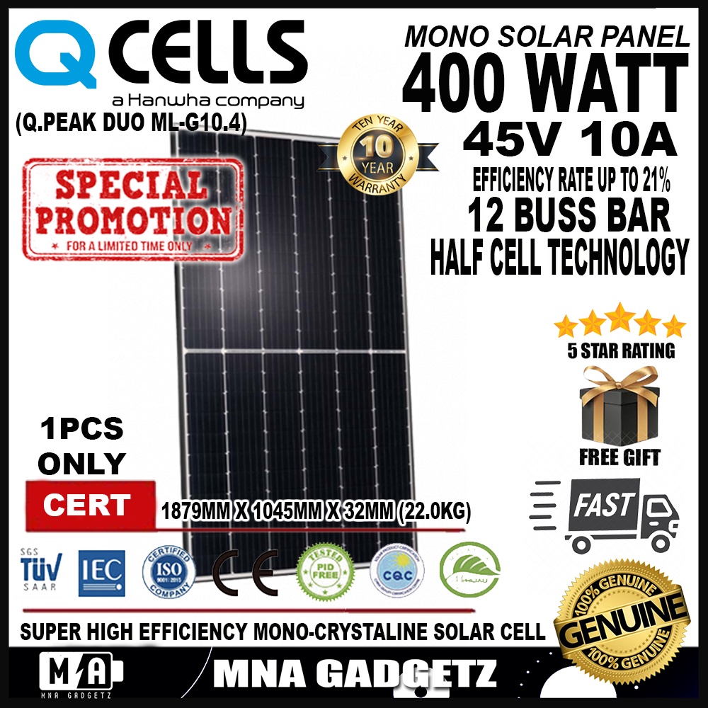SOLAR PANEL QCELLS 400W 45V G10 MONOCRYSTALINE Q CELL Q CELLS QCELL 12 ...