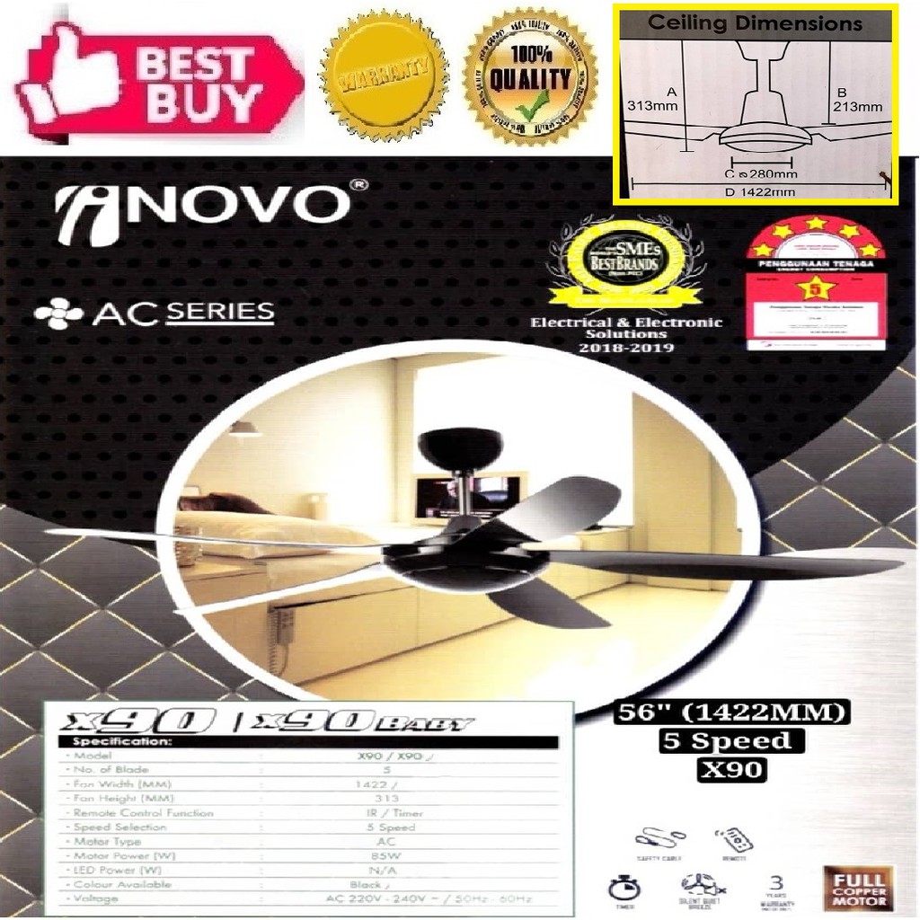 56" Remote Control Ceiling Fan (5 blade) (5 speed) (X90) (BLACK) (INOVO ...