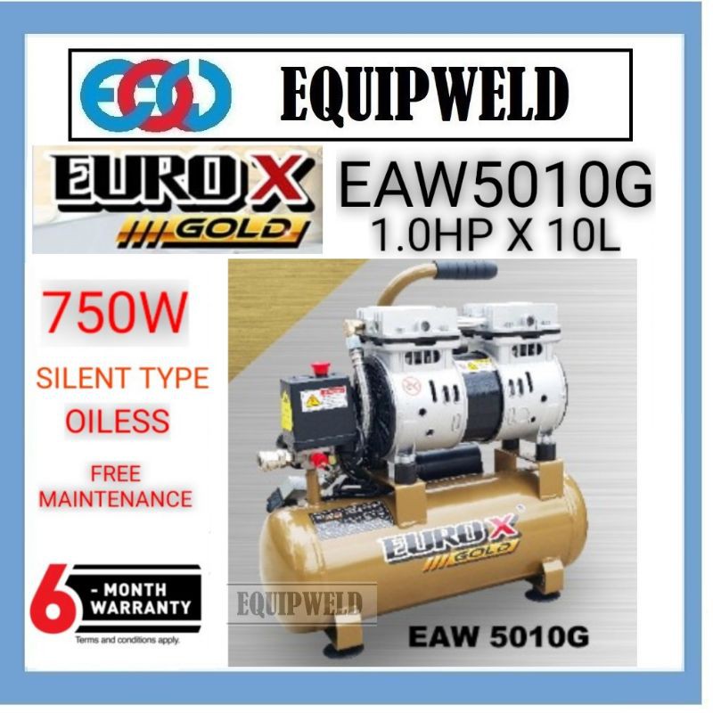 EUROX GOLD EAW5010G OILESS AIR COMPRESSOR 1.0HP X 10 LITRE (EUROPOWER) 1HP X 10L SILENT TYPE OIL ...