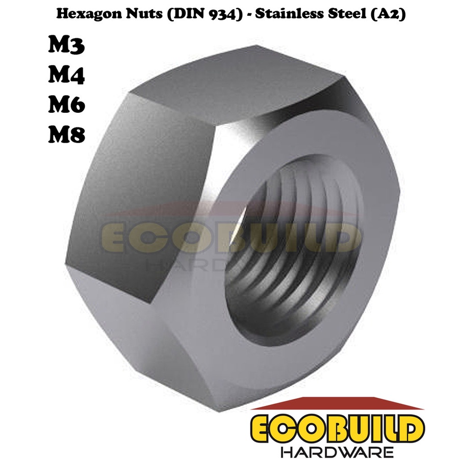 Hexagon Nuts (DIN 934) - Stainless Steel (A2) M3, M4, M6, M8 | Shopee Malaysia