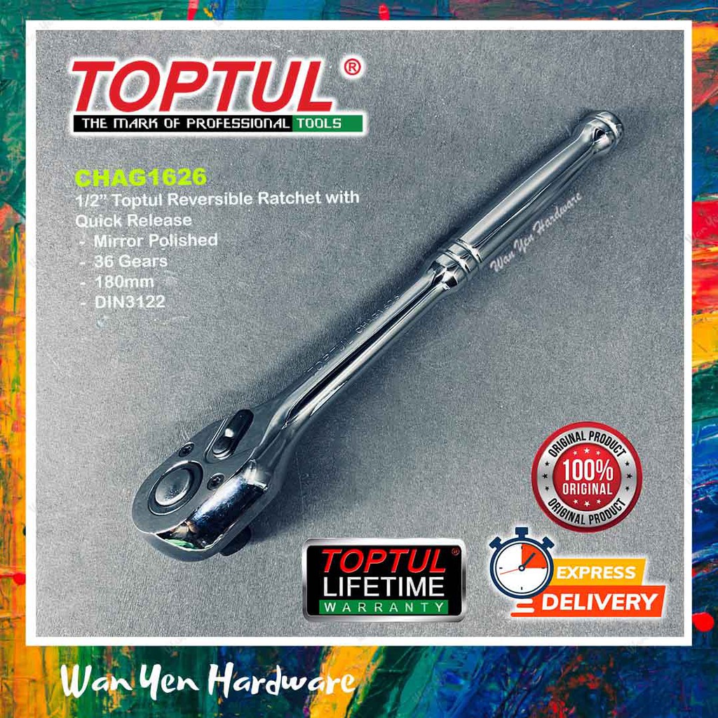 Toptul CHAG1626 1/2" Drive Reversible Ratchet Handle with Quick Release ...