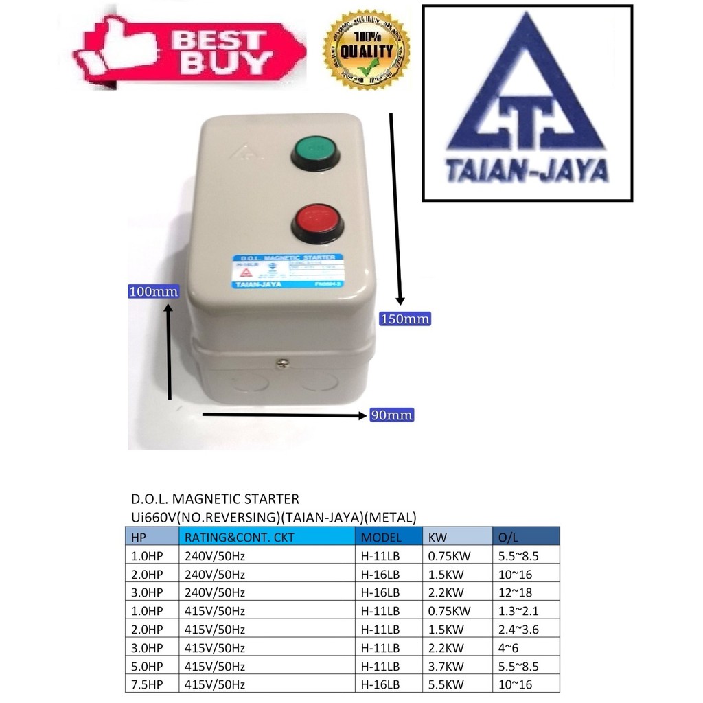 DOL Magnetic Starter/Aircond Magnetic Starter (1.0HP-7.5HP) (TAIAN-JAYA ...