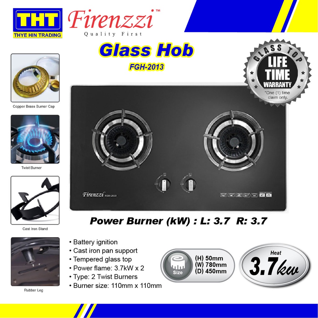 Firenzzi 3.7Kw 2 Burner Tempered Glass Built In Hob FGH-2013 Without ...