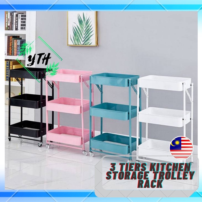 YTH 3 Tiers Foldable Kitchen Trolley Rack Multi-Functional Storage ...