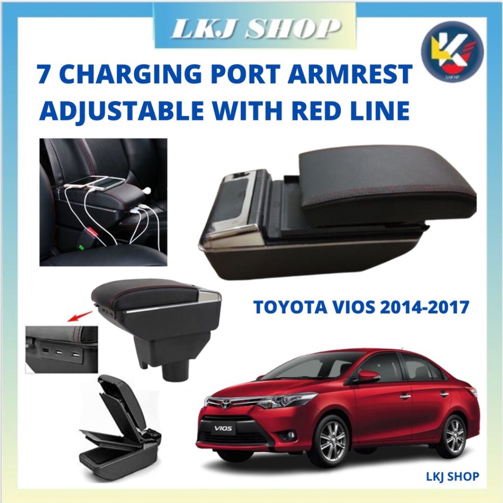 TOYOTA VIOS 2014-2017 ADJUSTABLE ARMREST WITH 7 USB CHARGING PORT RED ...