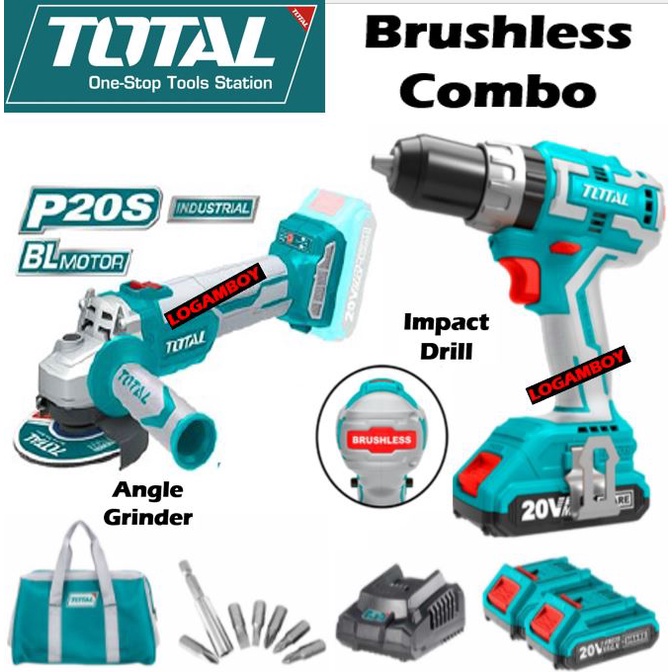 TOTAL Cordless Impact Drill Angle Grinder BRUSHLESS Control Speed 20V ...