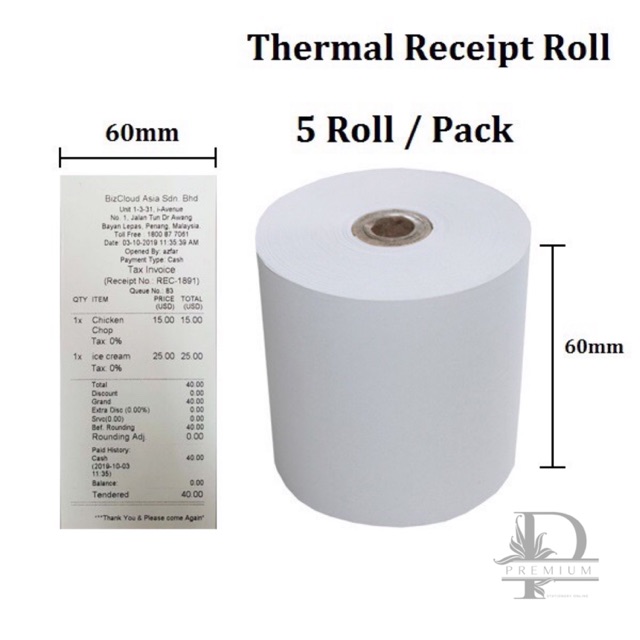 80mm x 60mm Thermal Receipt Roll (5 Rolls) / Cashier Paper | Shopee ...