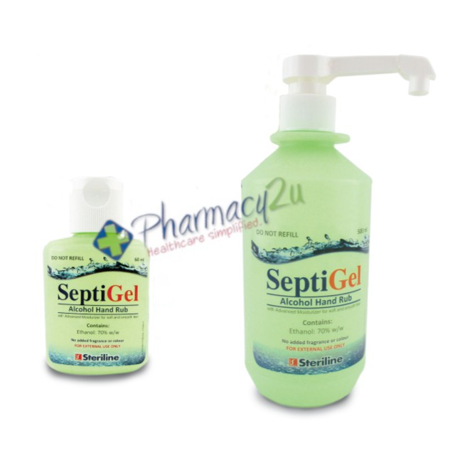 STERILINE SEPTIGEL ALCOHOL HAND RUB NO RINSE HAND SANITIZER 500ML/60ML ...