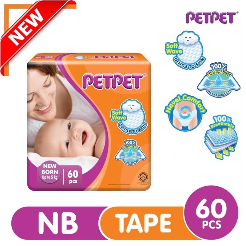 PetPet Newborn diapers 60pcs | Shopee Malaysia
