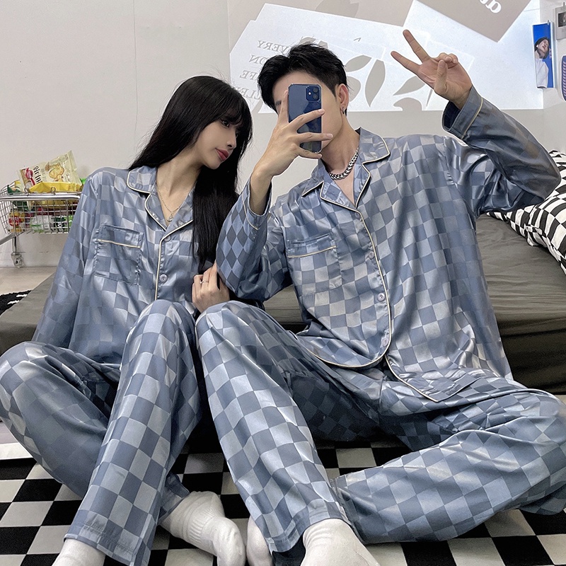 Stripe Plaid Pyjamas Couple Jacquard Material Silk Pajama Terno for ...