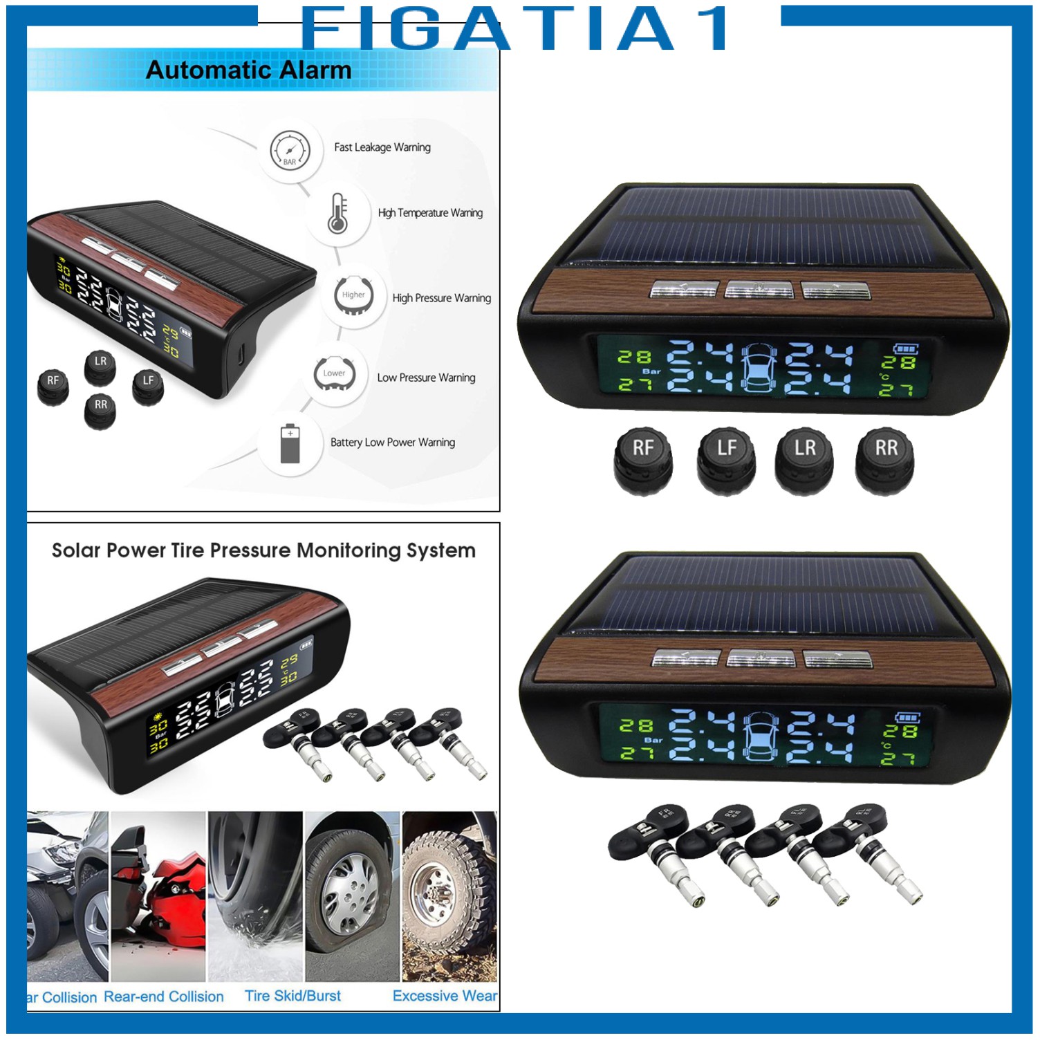 Tire Pressure Monitoring System Solar Power Wireless TPMS,Safety Monitor with 4 Sensors LCD ...