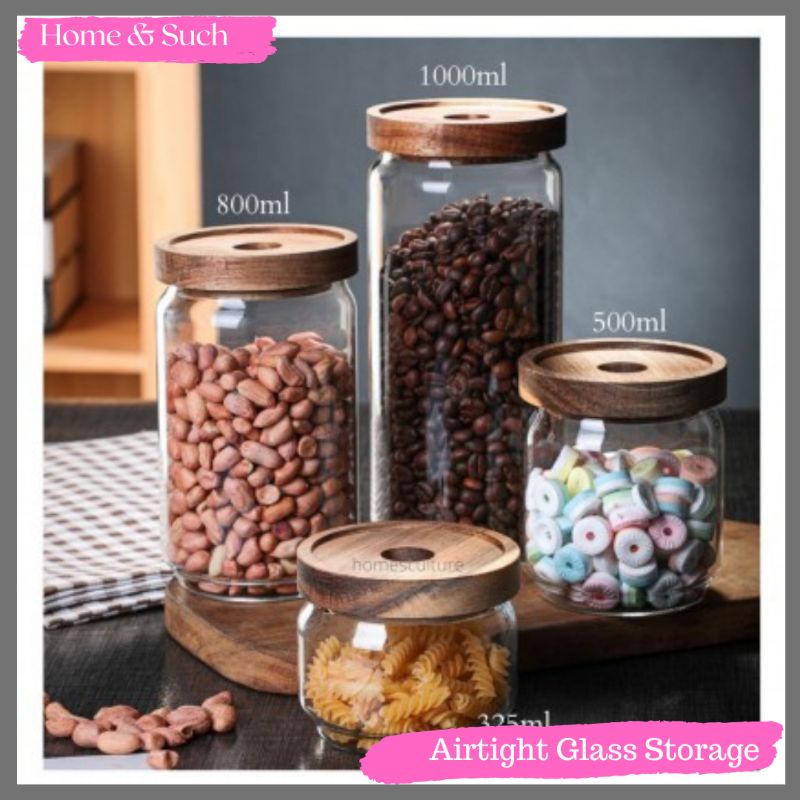 Food Storage Jar With Wooden Lid Clear Glass Jar Bekas Kedap Udara ...