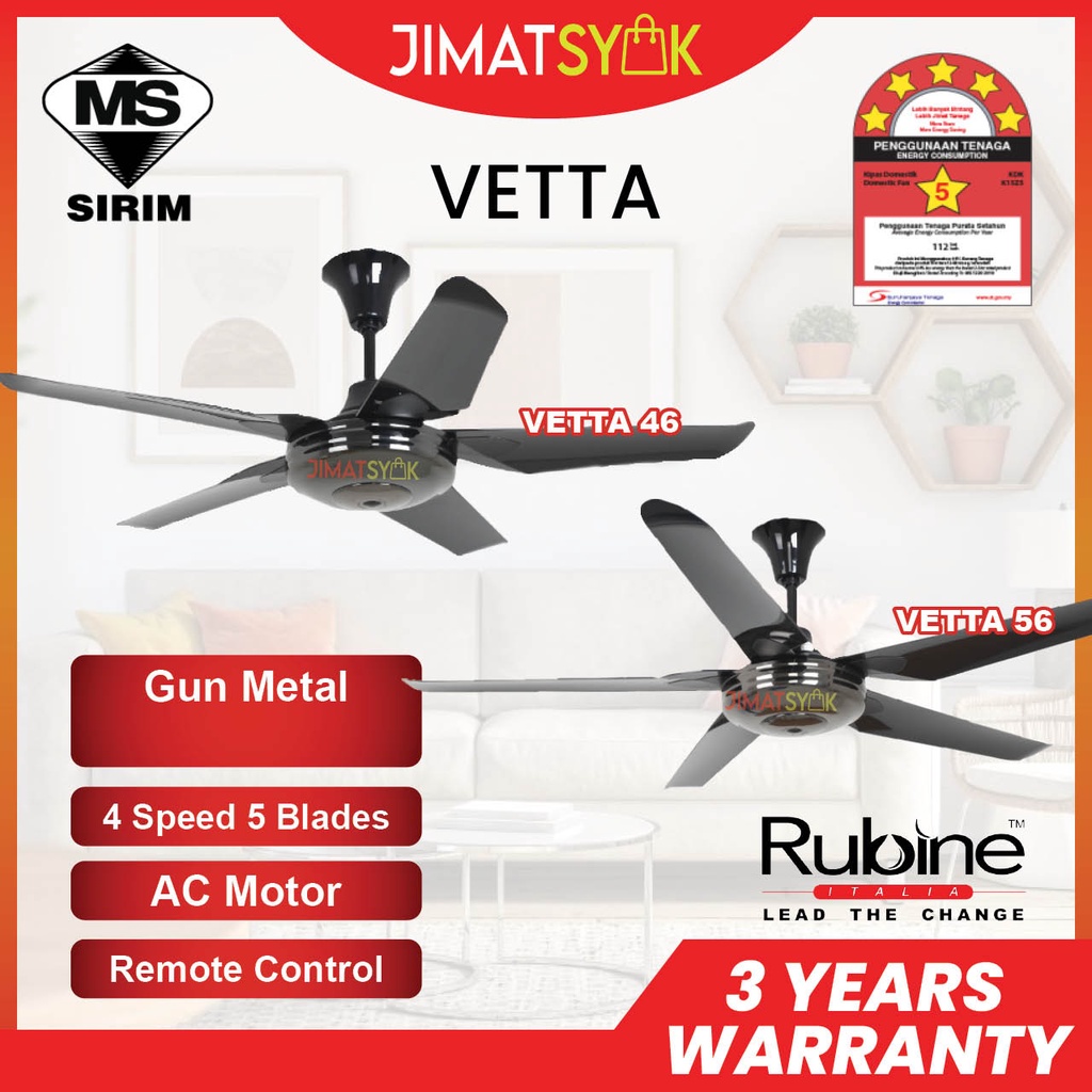 [SIRIM WARRANTY] Rubine Vetta Fan 46inch Kipas Siling Rubine 56inch 5 Blades 4 Speed Gun Metal ...